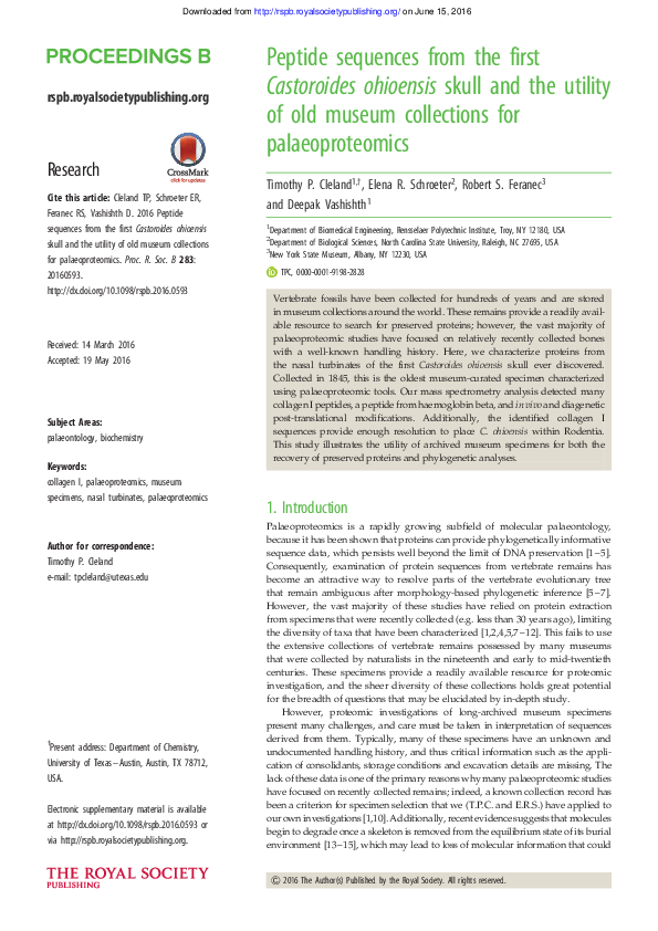 (PDF) Peptide sequences from the first Castoroides ohioensis skull and ...