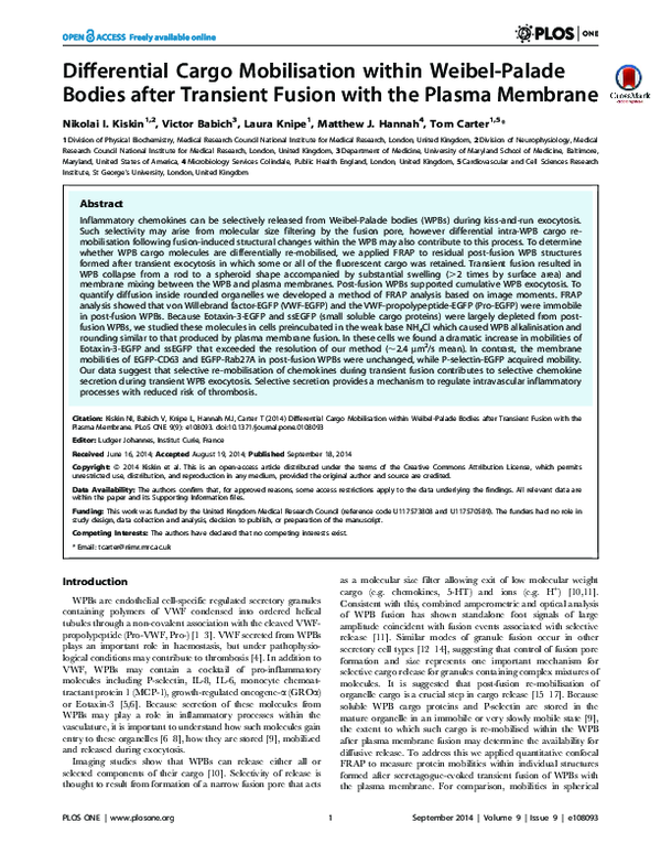 (PDF) Differential Cargo Mobilisation within Weibel-Palade Bodies after ...