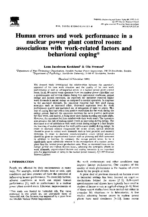 (PDF) Human errors and work performance in a nuclear power plant ...