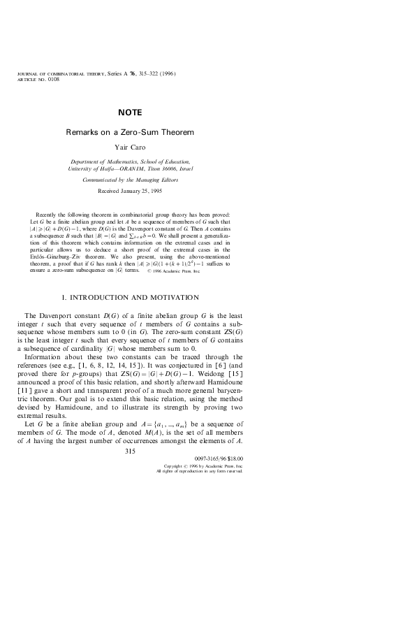 (PDF) Remarks on a Zero-Sum Theorem | Yair Caro - Academia.edu