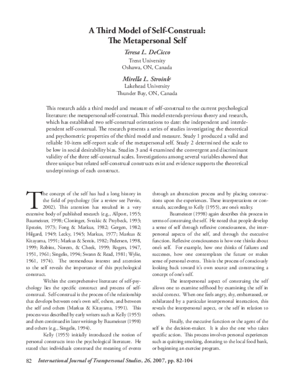 (PDF) A Third Model of Self-Construal: The Metapersonal Self