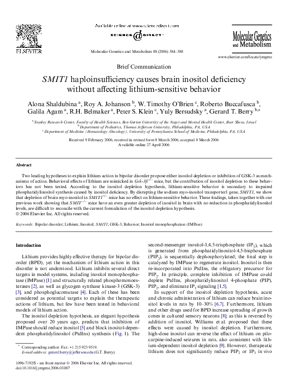 (PDF) SMIT1 haploinsufficiency causes brain inositol deficiency without affecting lithium ...