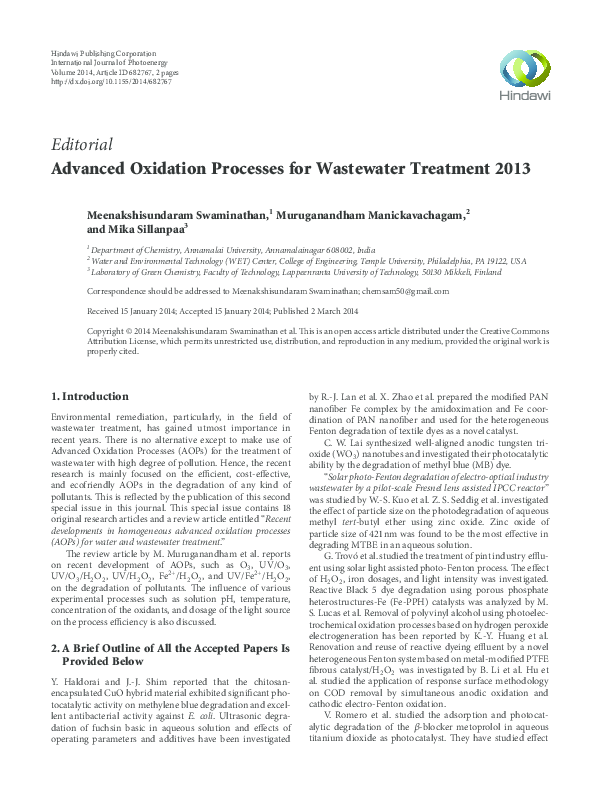 (PDF) Advanced Oxidation Processes for Wastewater Treatment 2013