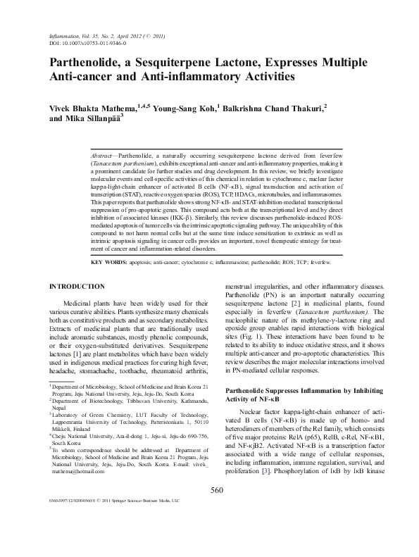 (PDF) Parthenolide, a sesquiterpene lactone, expresses multiple anti-cancer and anti ...