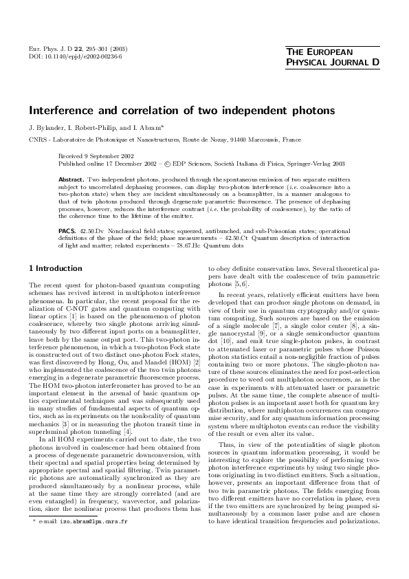(PDF) Interference and correlation of two independent photons
