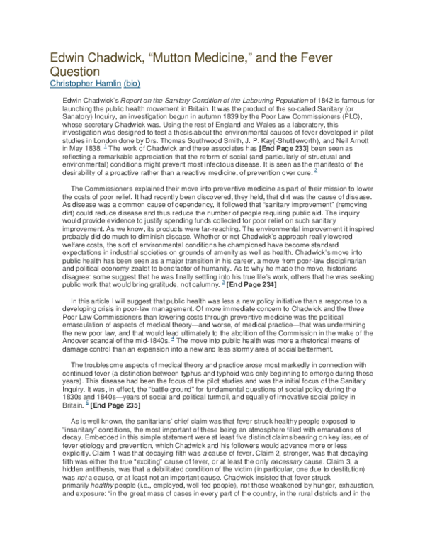 (PDF) Edwin Chadwick, " Mutton Medicine, " and the Fever Question