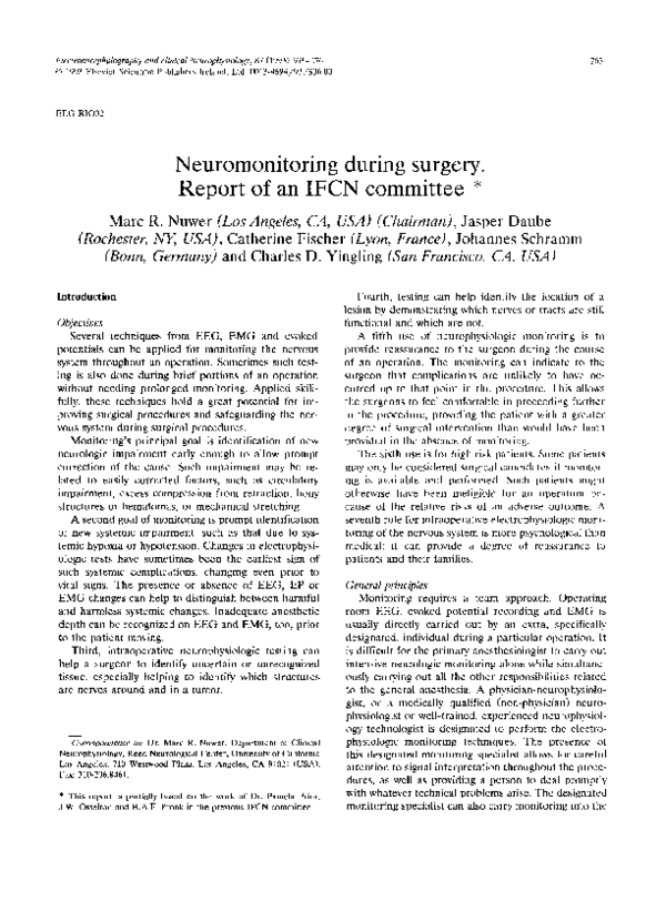 (PDF) Neuromonitoring during surgery. Report of an IFCN committee