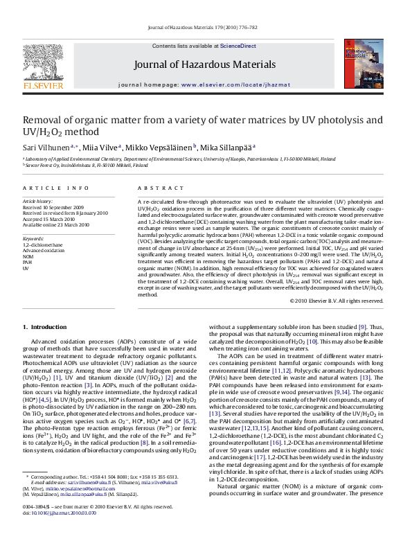 (PDF) Removal of organic matter from a variety of water matrices by UV ...