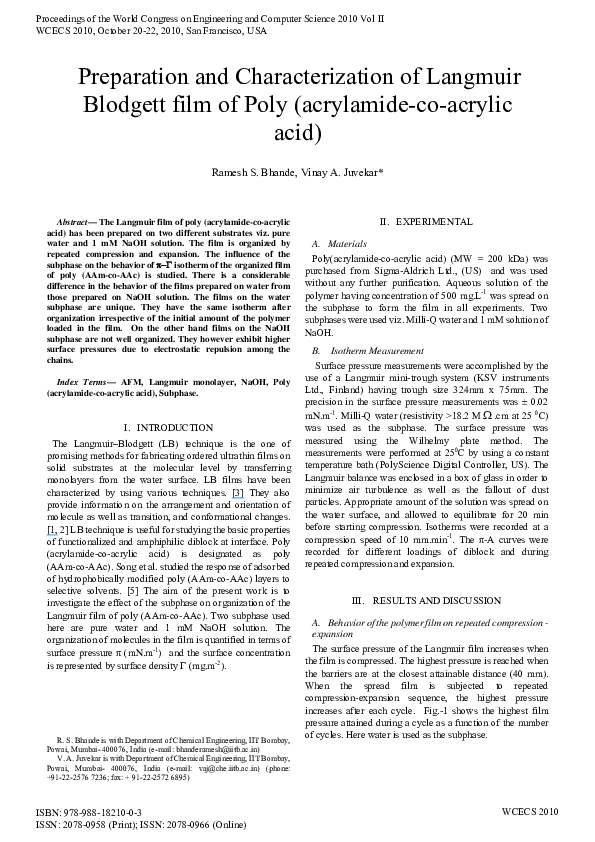 (PDF) Preparation and characterization of Langmuir-Blodgett films of polyemeraldine base