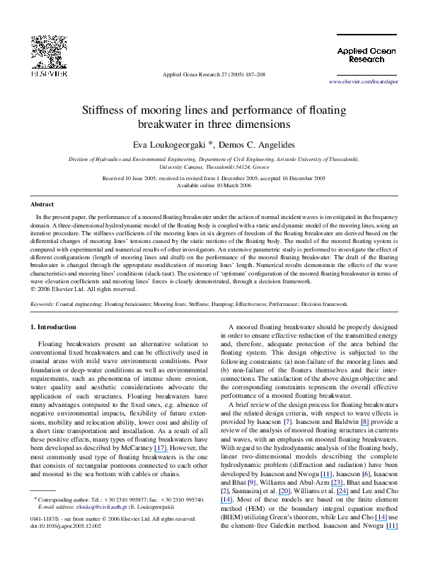 Pdf Stiffness Of Mooring Lines And Performance Of Floating Breakwater In Three Dimensions