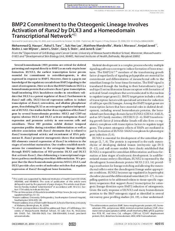 (PDF) BMP2 commitment to the osteogenic lineage involves activation of Runx2 by DLX3 and a ...