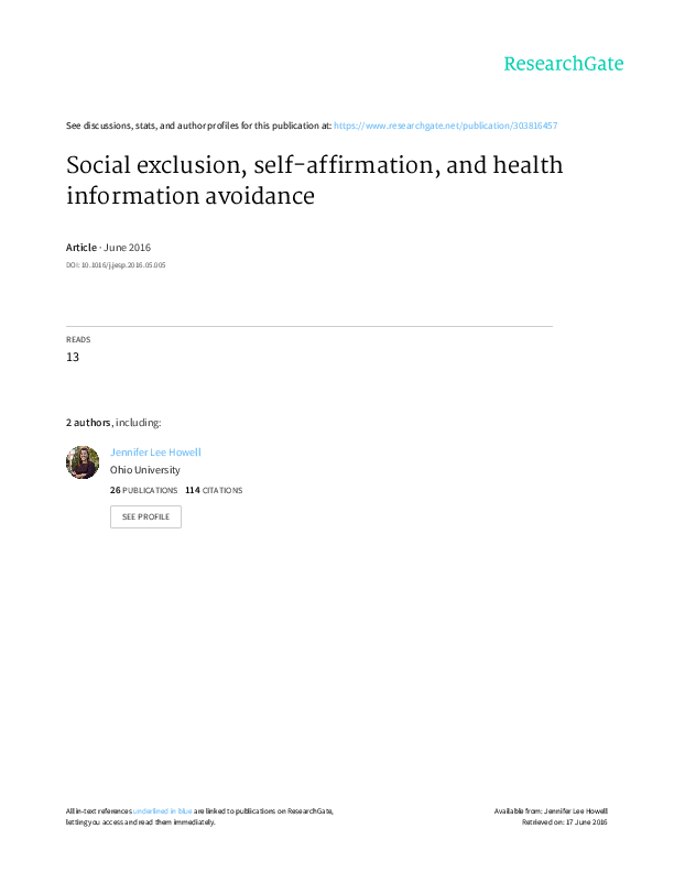 (PDF) Social exclusion, self-affirmation, and health information avoidance