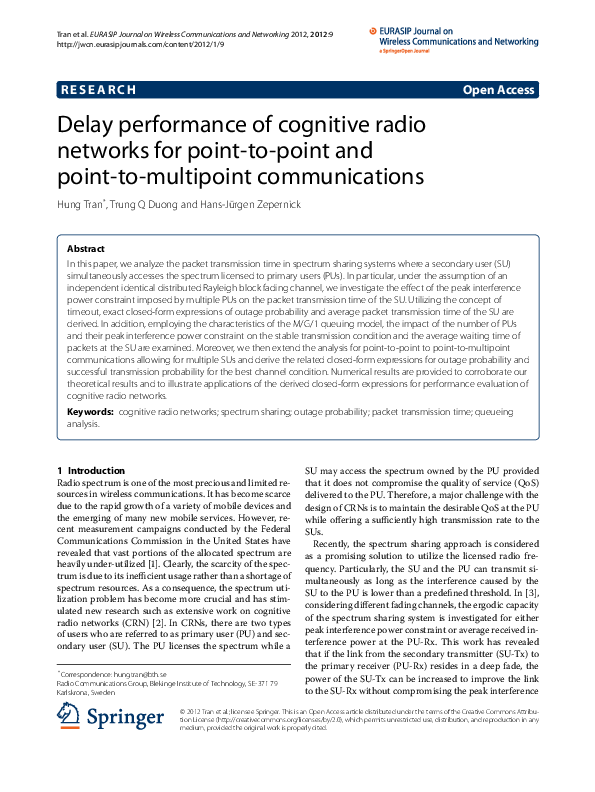 Pdf Delay Performance Of Cognitive Radio Networks For Point To Point And Point To Multipoint
