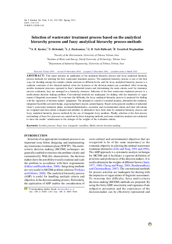 (PDF) Selection of wastewater treatment process based on the analytical hierarchy process and ...