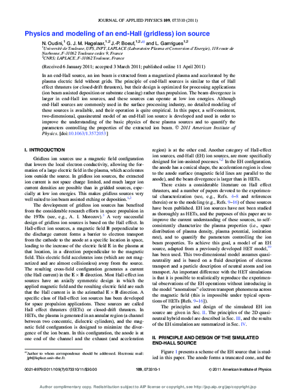 (PDF) Physics and modeling of an end-Hall (gridless) ion source