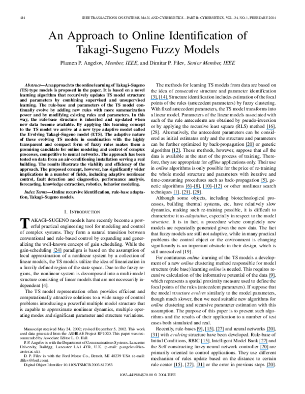 (PDF) An Approach to Online Identification of Takagi-Sugeno Fuzzy Models