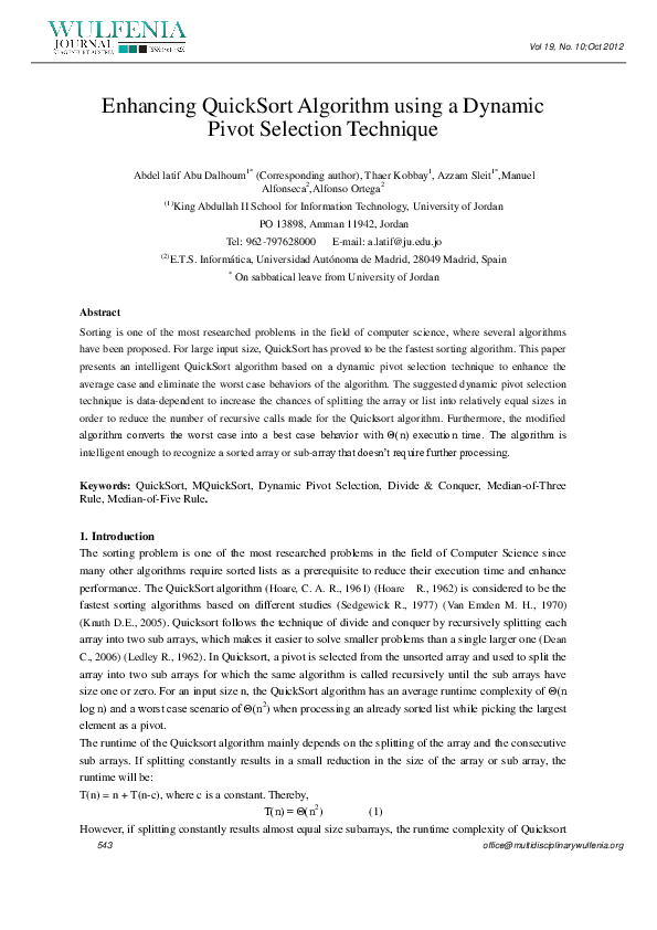 (PDF) Enhancing QuickSort Algorithm using a Dynamic Pivot Selection Technique