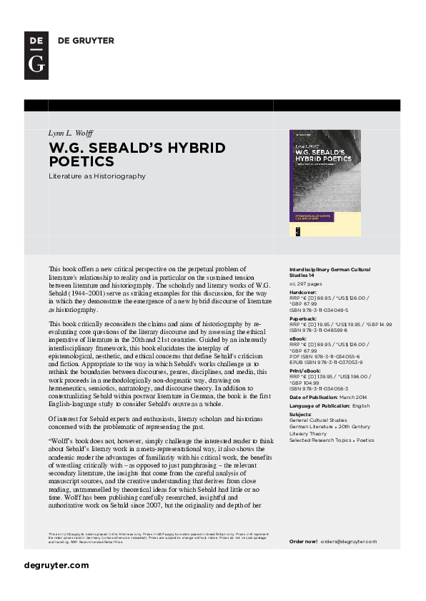 (PDF) W.G. Sebald's Hybrid Poetics: Literature as Historiography