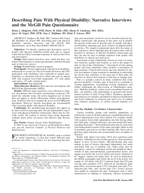 (PDF) Describing pain with physical disability: Narrative interviews ...