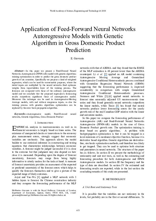 Pdf Application Of Feed Forward Neural Networks Autoregressive Models With Genetic Algorithm