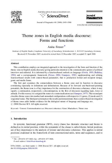 (PDF) Theme zones in English media discourse: Forms and functions