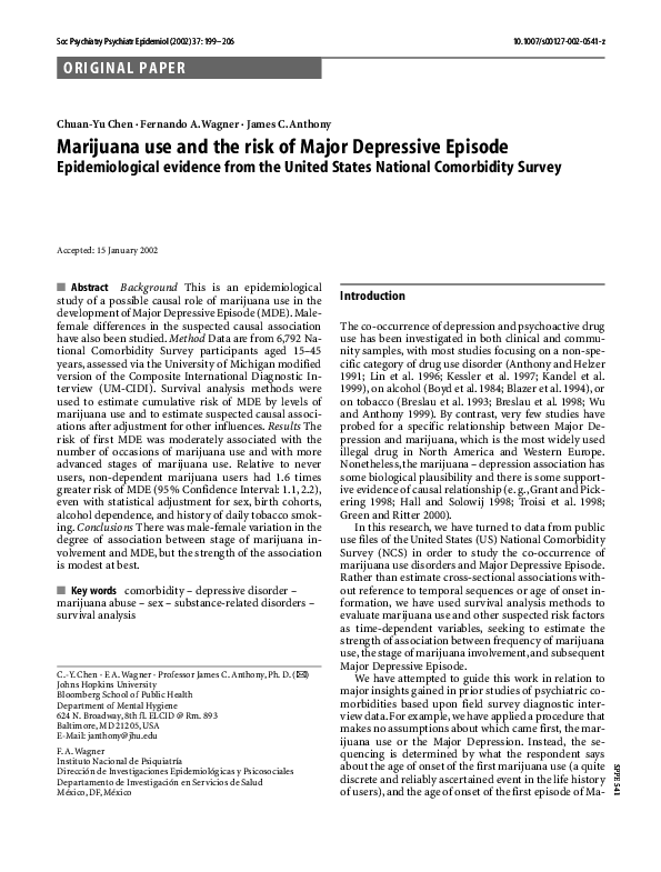 (PDF) Marijuana use and the risk of Major Depressive Episode ...