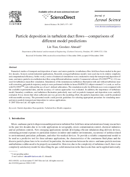 (PDF) Particle deposition in turbulent duct flows—comparisons of different model predictions