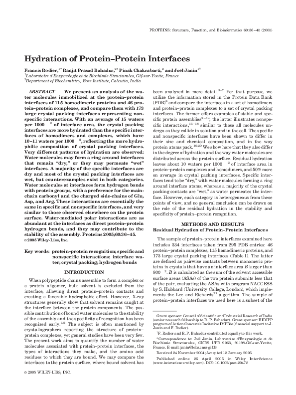 (PDF) Hydration of protein-protein interfaces