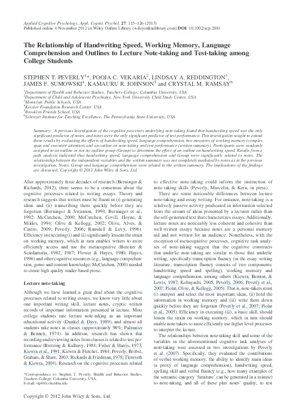 (PDF) The Relationship of Handwriting Speed, Working Memory, Language ...