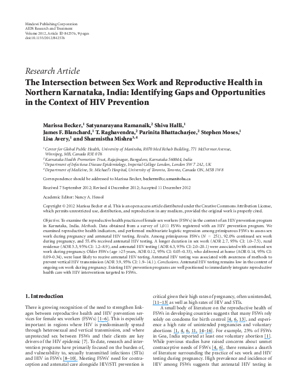 Pdf The Intersection Between Sex Work And Reproductive Health