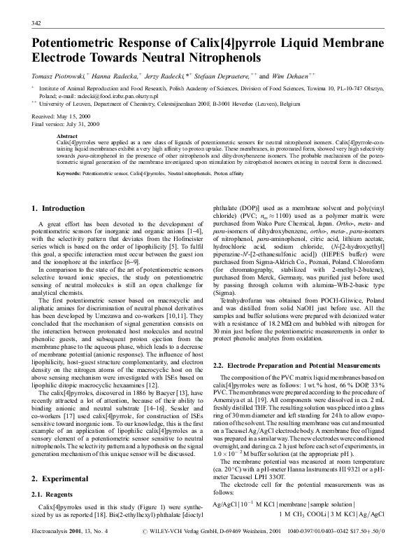 (PDF) Potentiometric Response of Calix[4]pyrrole Liquid Membrane ...
