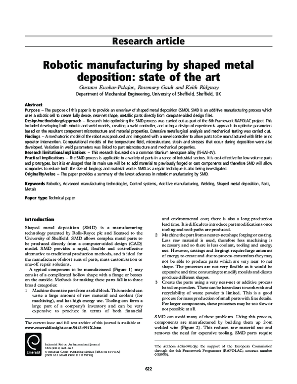 (PDF) Robotic manufacturing by shaped metal deposition: state of the art