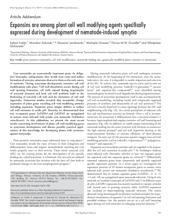 (PDF) Expansins are among plant cell wall modifying agents specifically ...