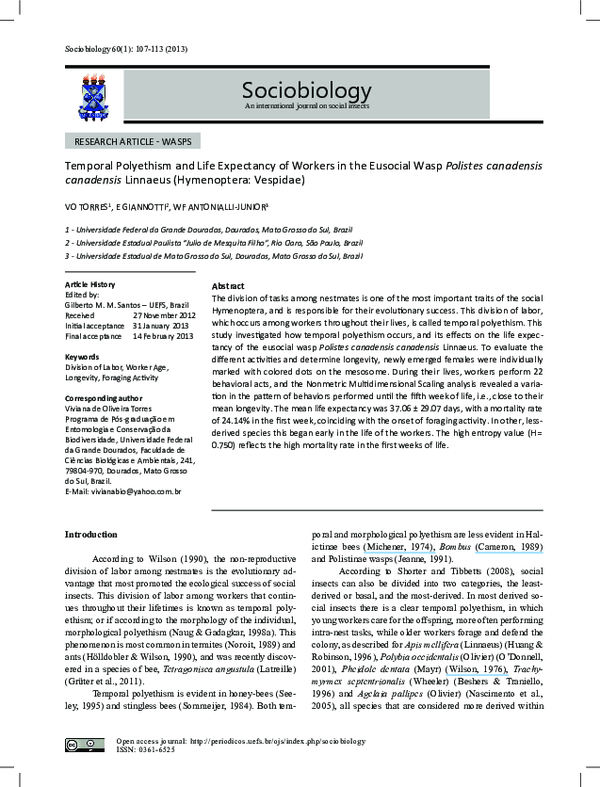 (PDF) Temporal Polyethism and Life Expectancy of Workers in the ...