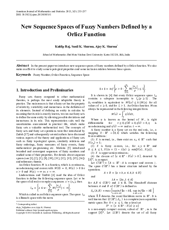 (PDF) New Sequence Spaces of Fuzzy Numbers Defined by a Orlicz Function