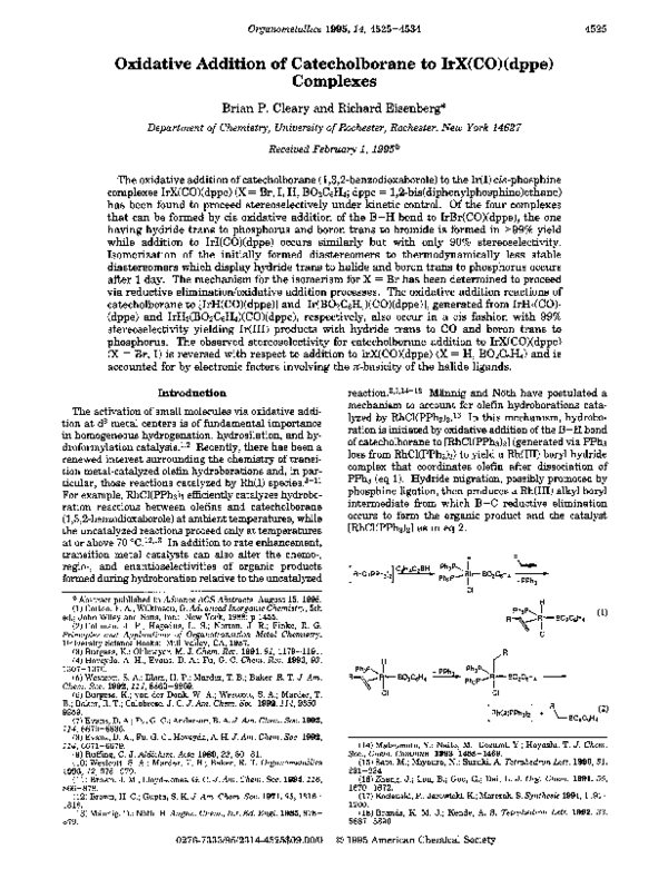 (PDF) Oxidative addition of catecholborane to IrX(CO)(dppe) complexes