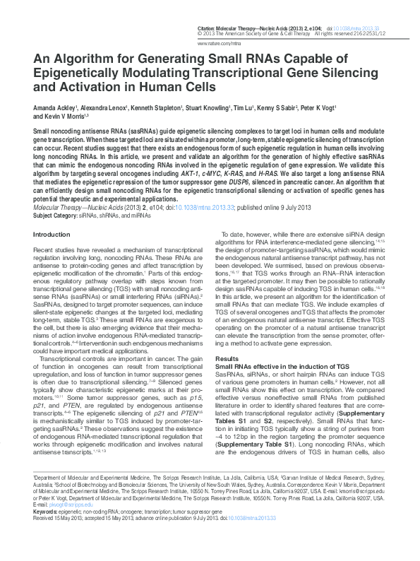 (PDF) An Algorithm for Generating Small RNAs Capable of Epigenetically Modulating ...