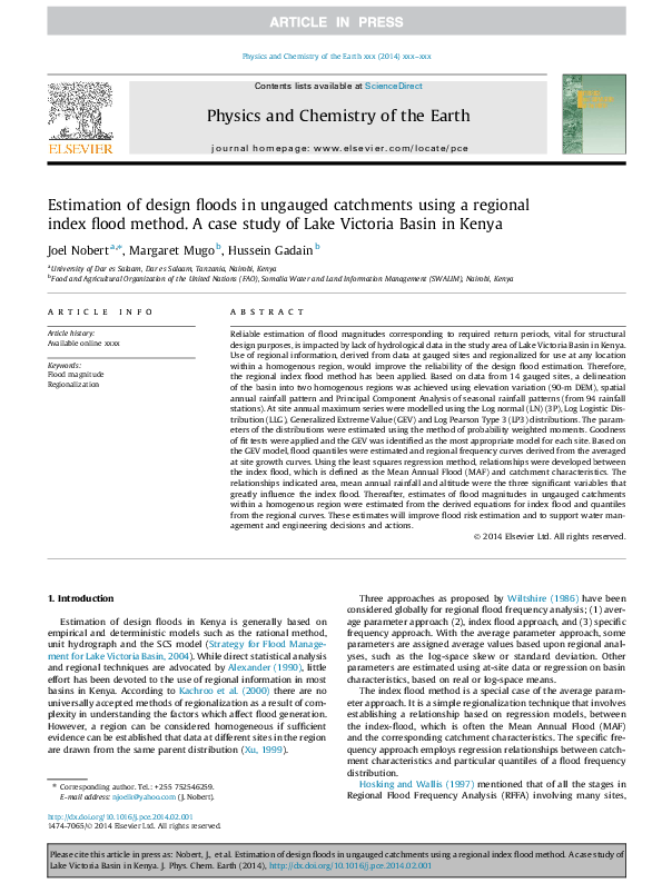 (PDF) Estimation of design floods in ungauged catchments using a regional index flood method. A ...