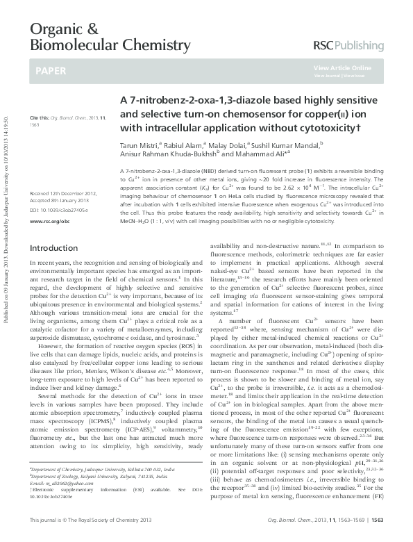 (PDF) A 7-nitrobenz-2-oxa-1,3-diazole based highly sensitive and selective turn-on chemosensor ...