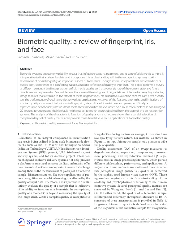 (PDF) Biometric quality: a review of fingerprint, iris, and face