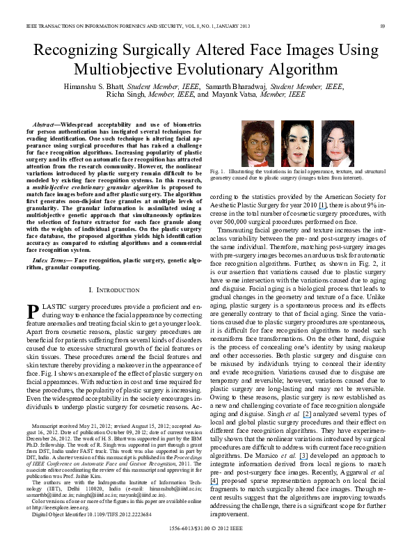 Pdf Recognizing Surgically Altered Face Images Using Multiobjective Evolutionary Algorithm