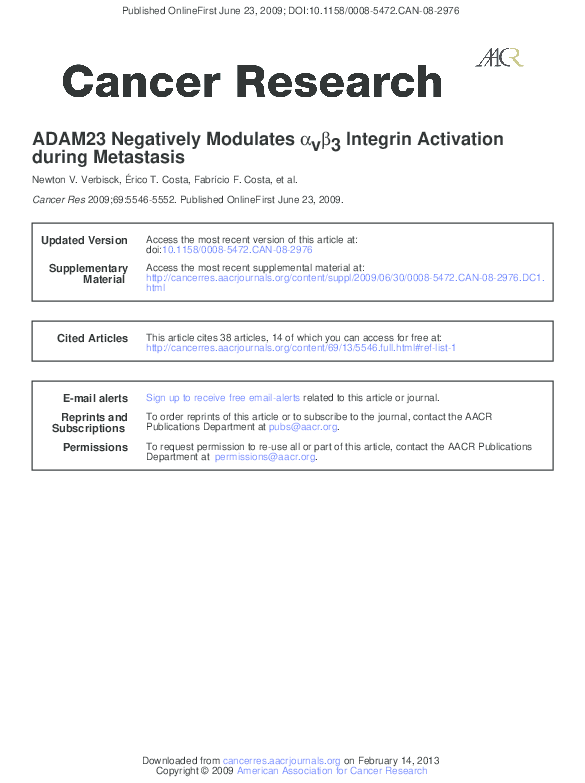 (PDF) ADAM23 negatively modulates v 3 integrin activation during metastasis