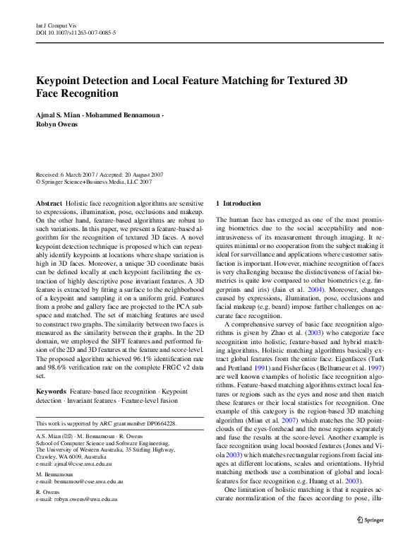 (PDF) Keypoint detection and local feature matching for textured 3D face recognition