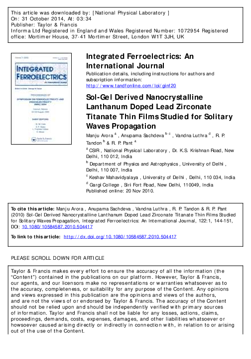 (PDF) Sol-Gel Derived Nanocrystalline Lanthanum Doped Lead Zirconate Titanate Thin Films Studied ...