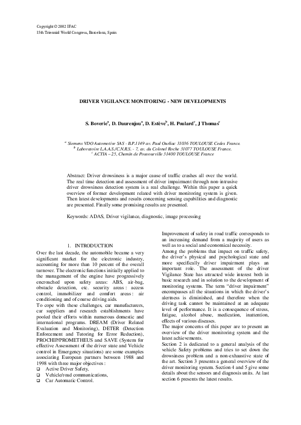 (PDF) Driver Vigilance Monitoring-New Developments