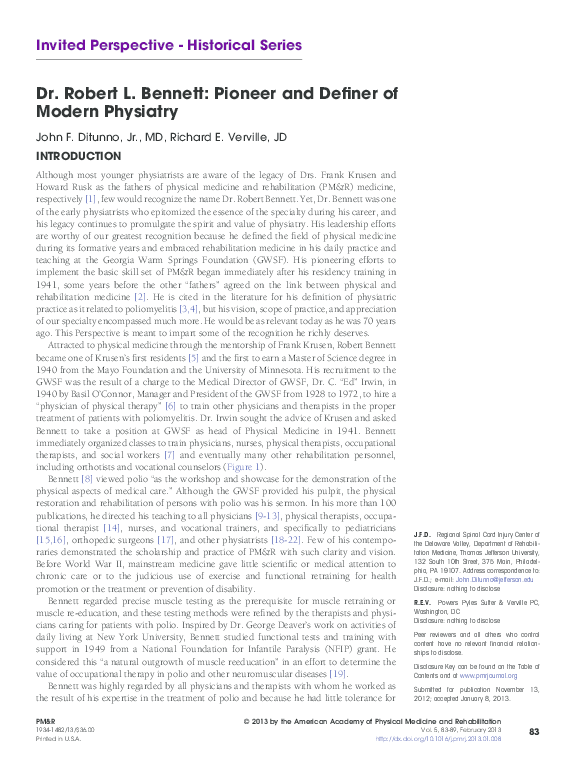 (PDF) Dr. Robert L. Bennett: Pioneer and Definer of Modern Physiatry