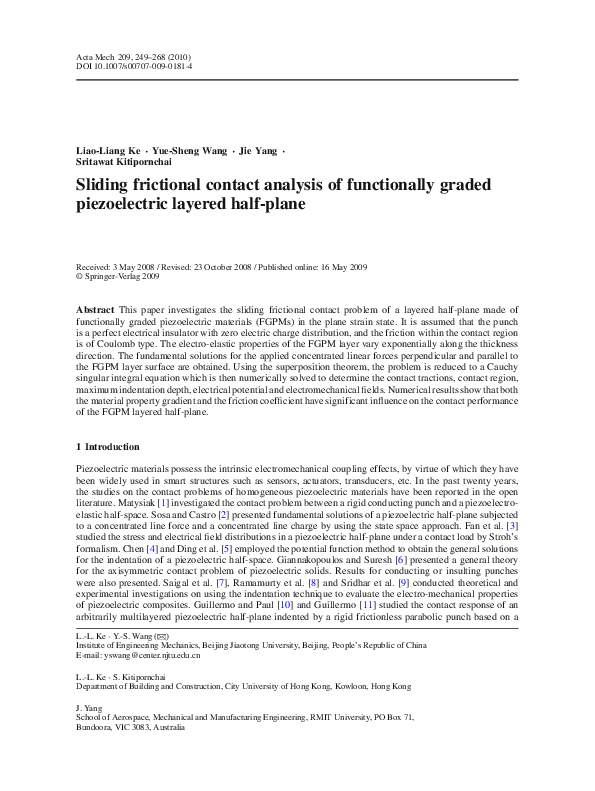 (PDF) Sliding frictional contact analysis of functionally graded piezoelectric layered half-plane
