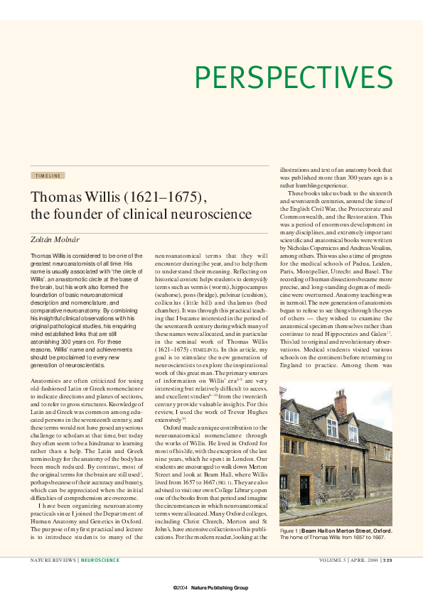 (PDF) Thomas Willis (1621-1675), the founder of clinical neuroscience