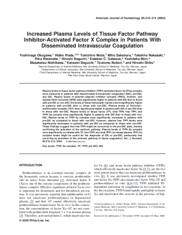 (PDF) Increased plasma levels of tissue factor pathway inhibitor ...