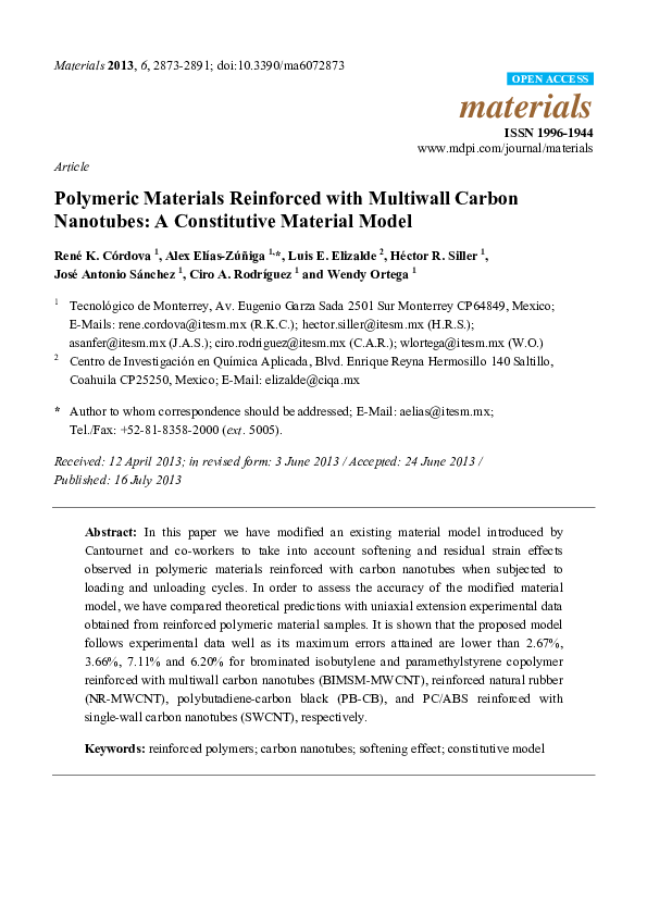 (PDF) Polymeric Materials Reinforced with Multiwall Carbon Nanotubes: A Constitutive Material Model